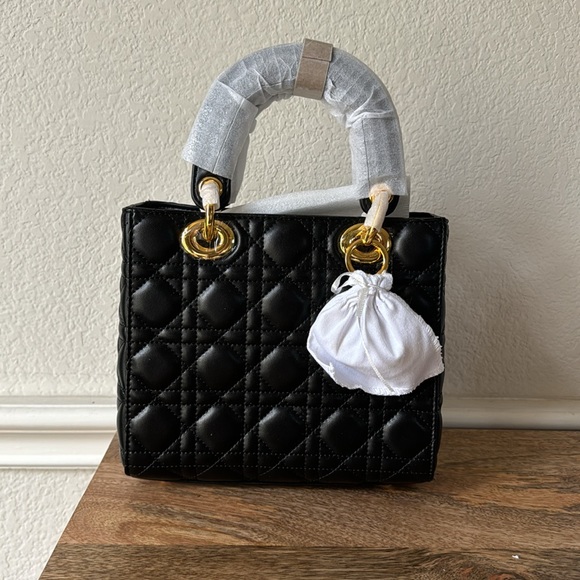 None | Bags | Pu Black Quilted Small Lady Bag Crossbody Satchel W Gold ...